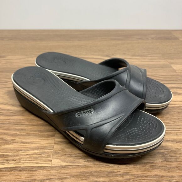 CROCS | Shoes | Crocs Womens Black With White Racing Stripes Slide ...